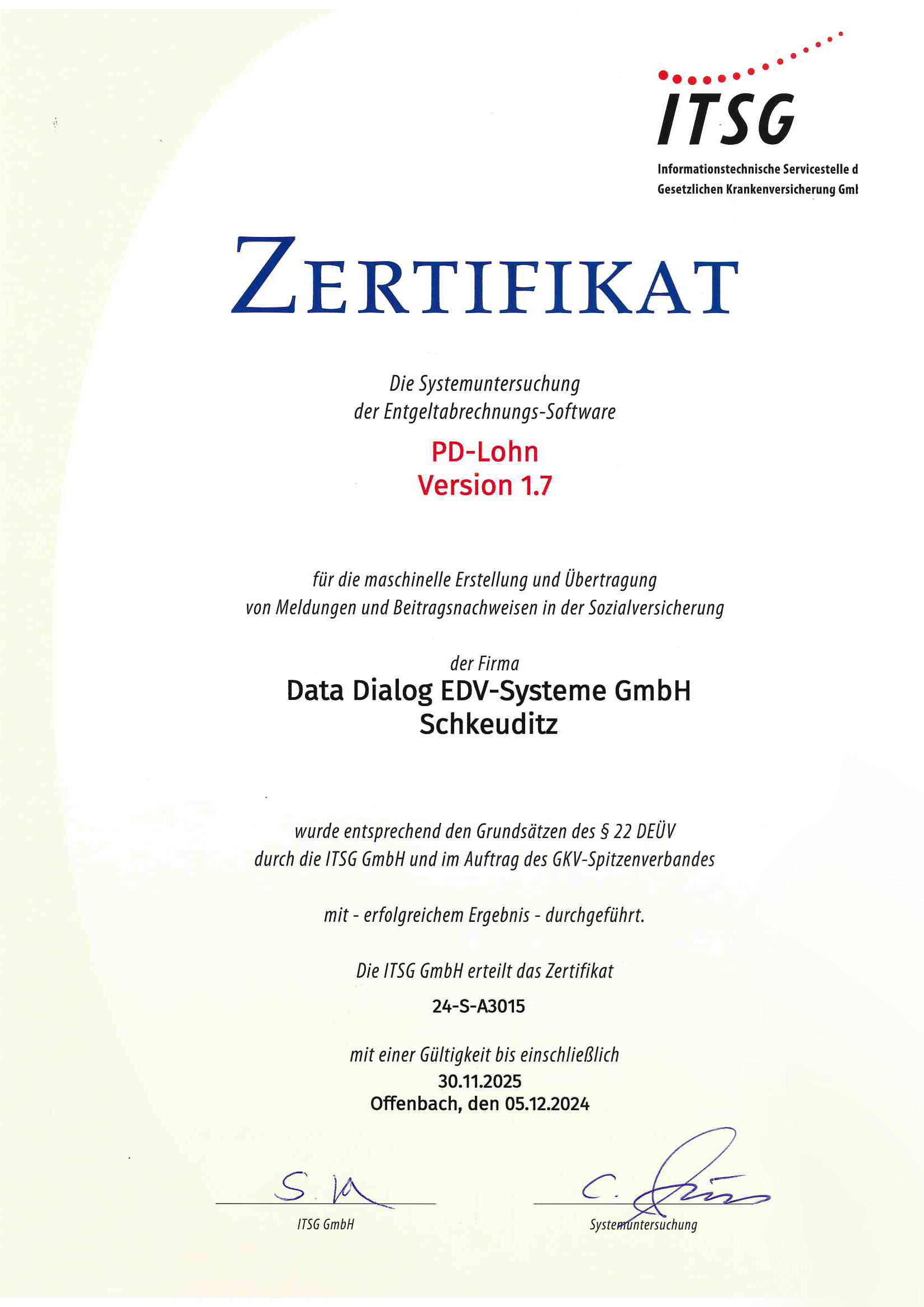 PD-Lohn besteht erneut die jährliche ITSG-Qualitätskontrolle